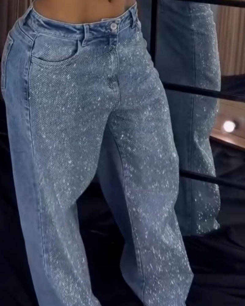 SHAPSHE Women's Fashion Versatile Wide Leg Jeans with Rhinestone (Pre-Sale)