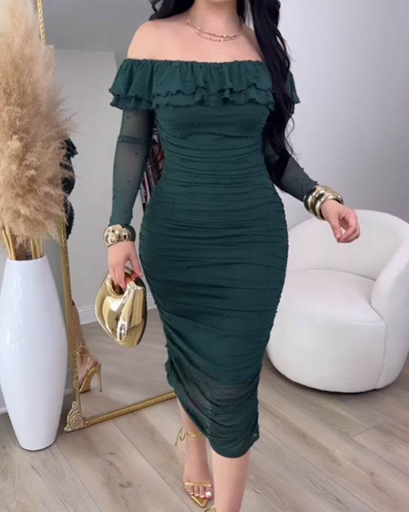 Off-Shoulder Ruffle Mesh Ruched Split Bodycon Midi Dress (Pre-sale)